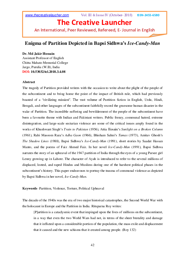 (PDF) Enigma of Partition Depicted in Bapsi Sidhwa’s Ice-Candy-Man