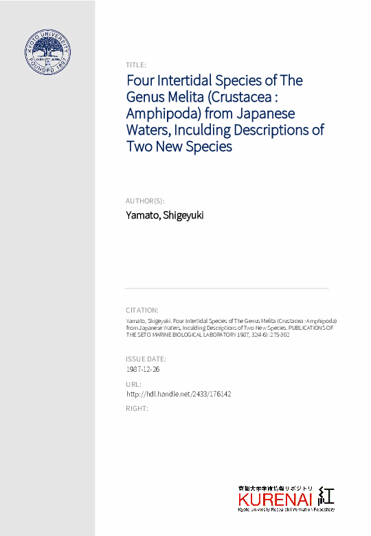 (PDF) Four Intertidal Species of The Genus Melita (Crustacea ...
