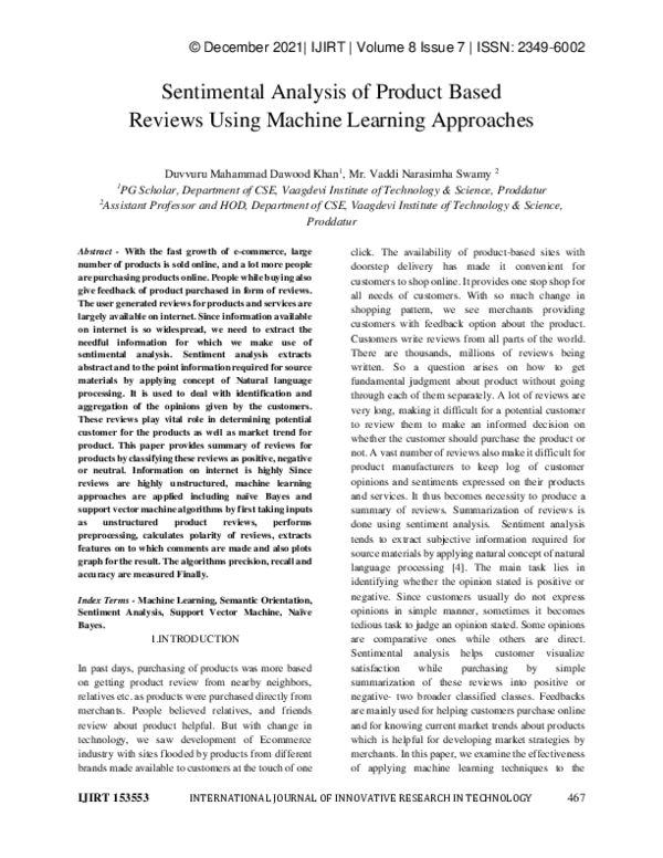 Pdf Sentimental Analysis Of Product Based Reviews Using Machine