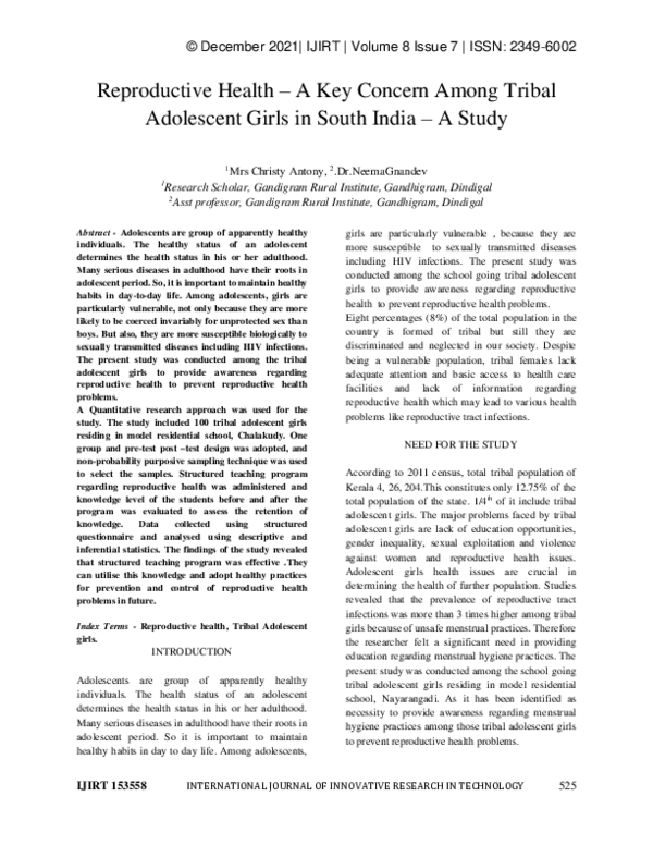 (PDF) Reproductive Health -A Key Concern Among Tribal Adolescent Girls ...