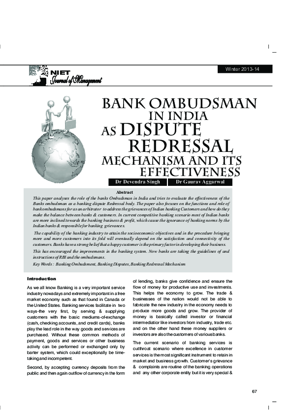 (PDF) Bank Ombudsman in India as Dispute Redressal Mechanism and Its ...