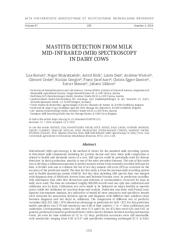 (PDF) Mastitis Detection from Milk Mid-Infrared (MIR) Spectroscopy in ...