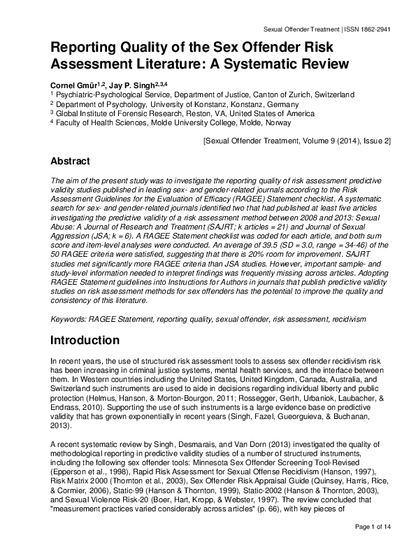 (PDF) Reporting Quality of the Sex Offender Risk Assessment Literature ...