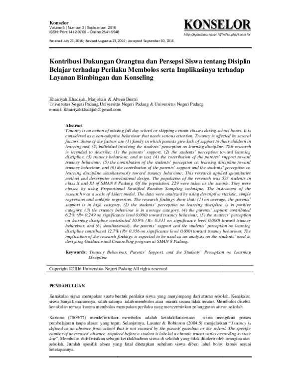 (PDF) Kontribusi Dukungan Orangtua dan Persepsi Siswa tentang Disiplin Belajar terhadap Perilaku ...