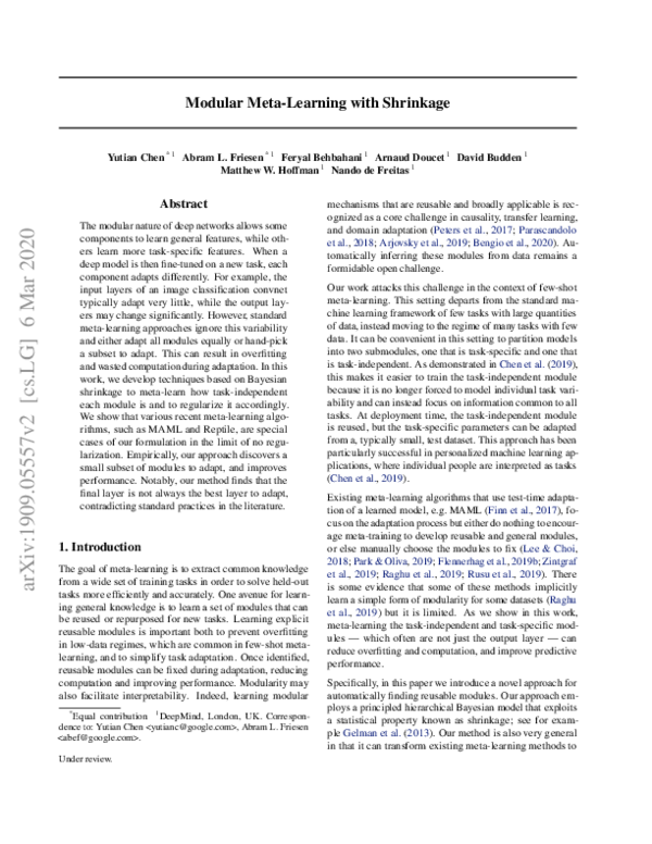 (PDF) Modular Meta-Learning with Shrinkage | Yutian Chen - Academia.edu