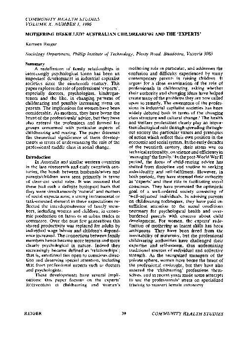 (PDF) Mothering Deskilled? Australian Childrearing and the 'Experts