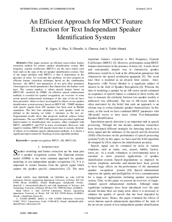 Pdf An Efficient Approach For Mfcc Feature Extraction For Text Independant Speaker