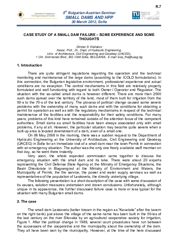 (PDF) Case Study of a Small Dam Failure - Some Experience and Some Thoughts