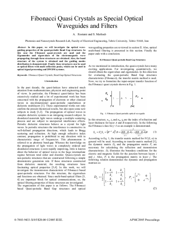 (PDF) Fibonacci Quasi Crystals as Special Optical Waveguides and Filters