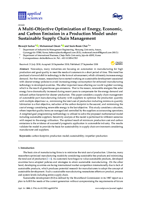 Pdf A Multi Objective Optimization Of Energy Economic And Carbon