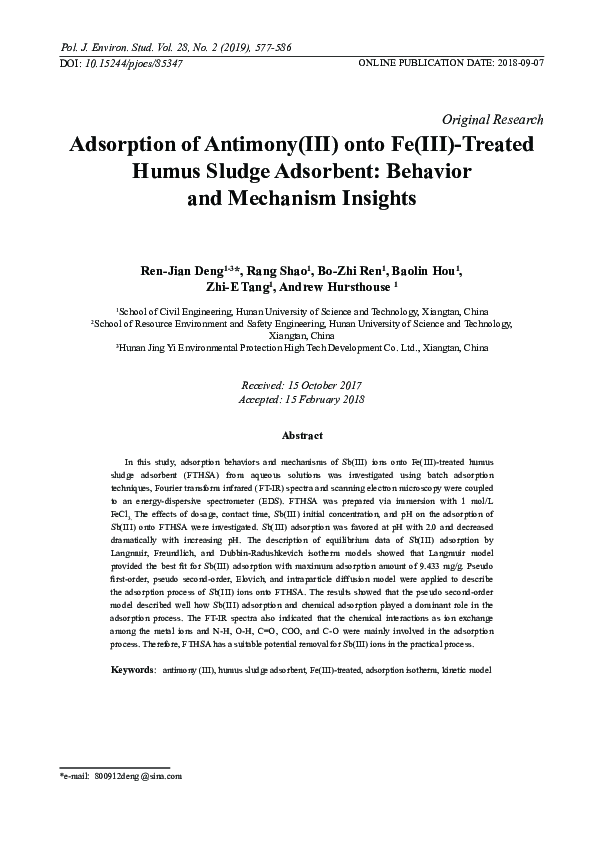 (PDF) Adsorption of Antimony(III) onto Fe(III)-Treated Humus Sludge ...