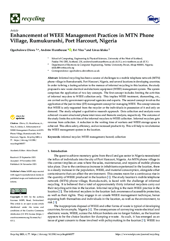 (PDF) Enhancement of WEEE Management Practices in MTN Phone Village ...