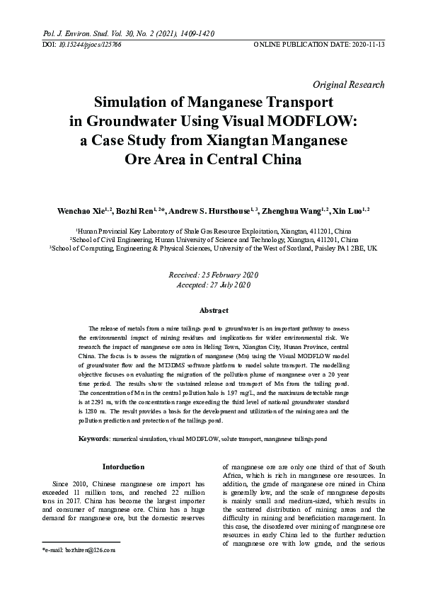 (PDF) Simulation of Manganese Transport in Groundwater Using Visual MODFLOW: a Case Study from ...