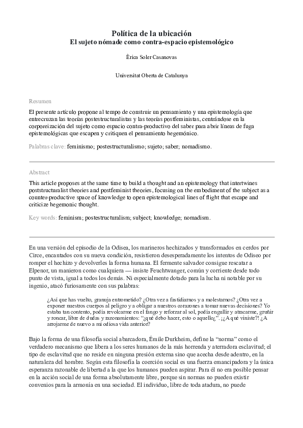 (PDF) Política de la ubicación: El sujeto nómade como contra-espacio epistemológico