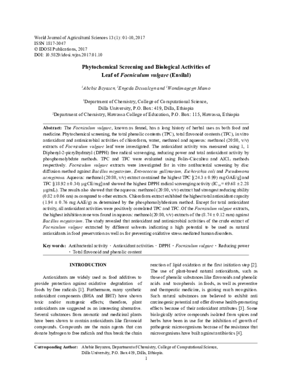 (PDF) Phytochemical screening and biological activities of leaf of ...