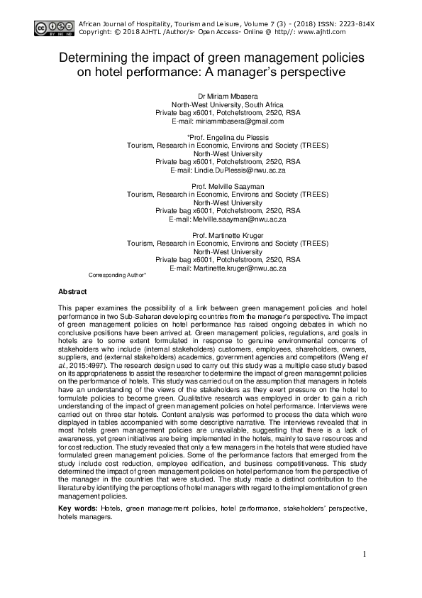 (PDF) Determining the impact of green management policies on hotel ...