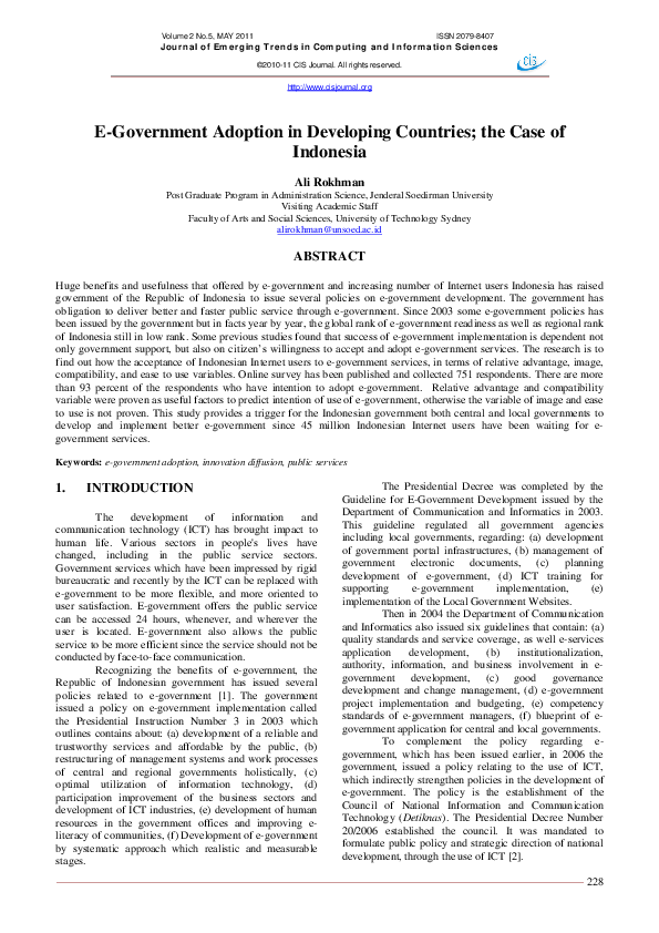 (PDF) E-Government Adoption in Developing Countries; the Case of Indonesisa