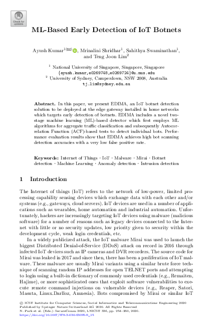 Pdf Ml Based Early Detection Of Iot Botnets