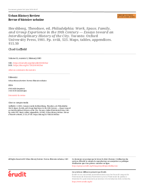 (PDF) Hershberg, Theodore, ed. Philadelphia: Work, Space, Family, and ...