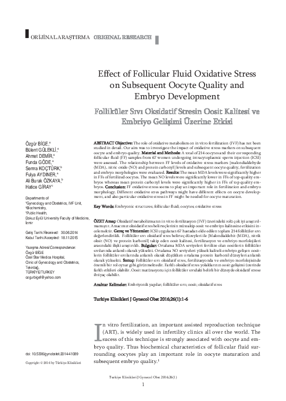 (PDF) Folliküler Sıvı Oksidatif Stresin Oosit Kalitesi ve Embriyo ...