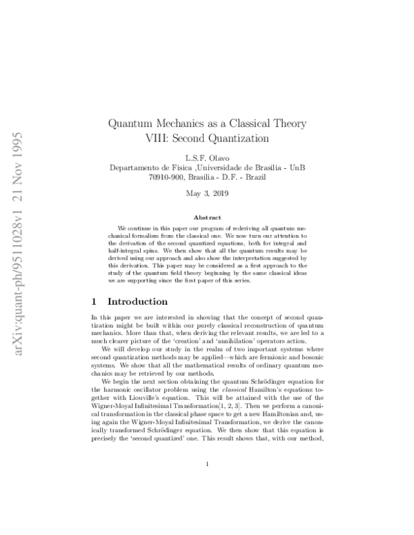 (PDF) Quantum Mechanics as a Classical Theory VIII: Second Quantization