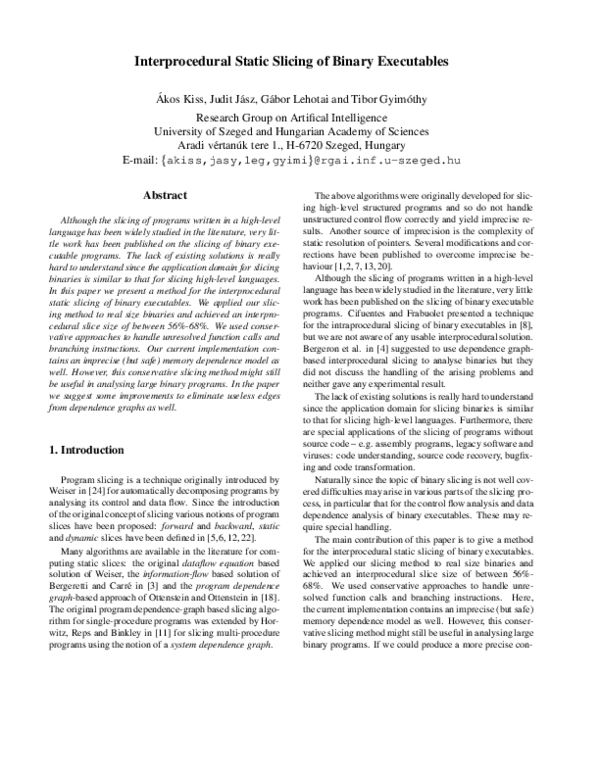 Pdf Interprocedural Static Slicing Of Binary Executables