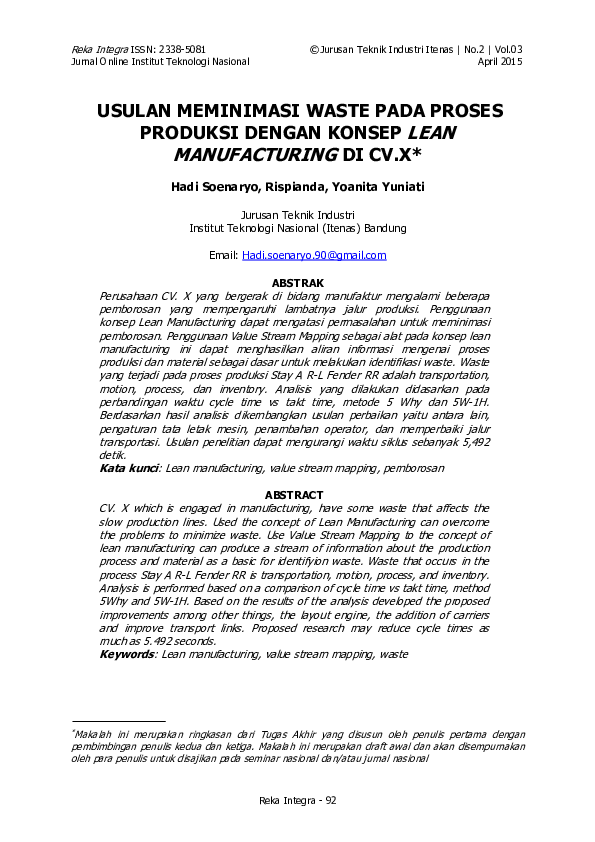 (PDF) Usulan Meminimasi Waste Pada Proses Produksi Dengan Konsep Lean Manufacturing DI CV.X
