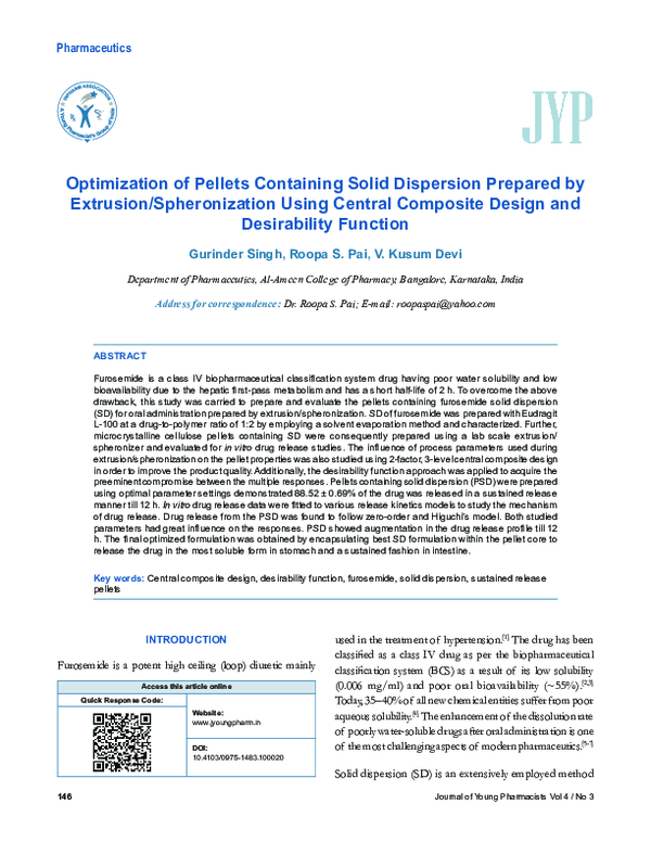 (PDF) Optimization of Pellets Containing Solid Dispersion Prepared by Extrusion/Spheronization ...