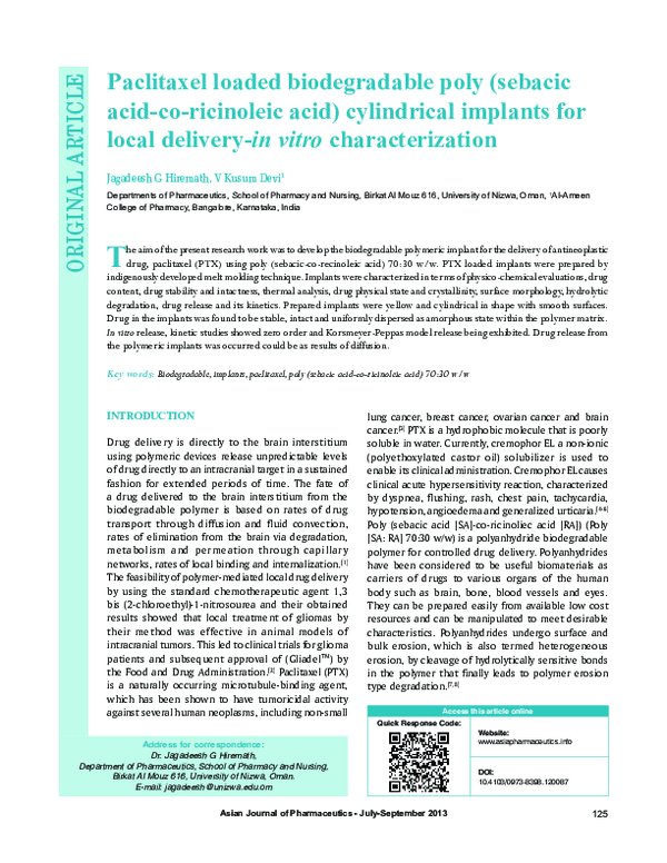 (PDF) Paclitaxel loaded biodegradable poly (sebacic acid-co-ricinoleic ...
