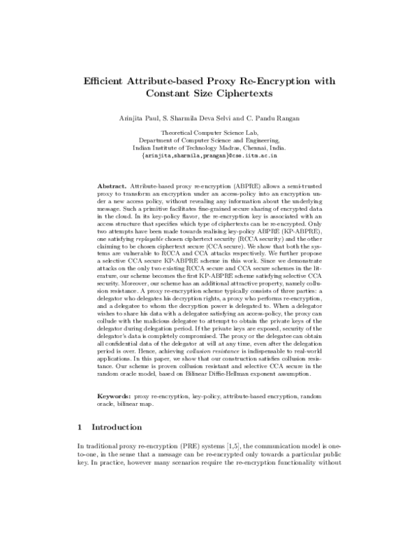 Pdf Attribute Based Proxy Re Encryption With Constant Size Ciphertexts Arinjita Paul