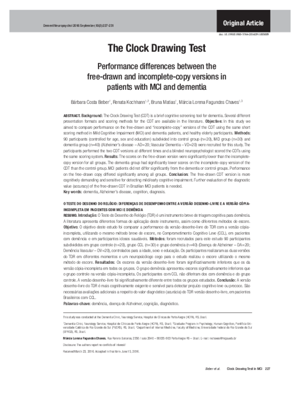 (PDF) The Clock Drawing Test: Performance differences between the free ...
