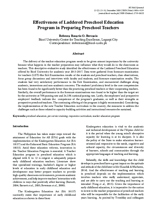 (PDF) Effectiveness of Laddered Preschool Education Program in ...