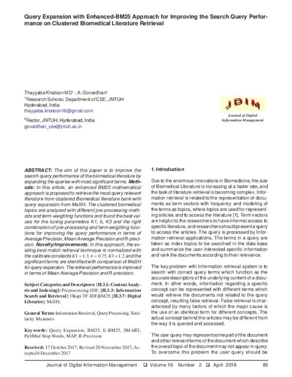 (PDF) Query Expansion with Enhanced-BM 25 Approach for Improving the Search Query Performance on ...