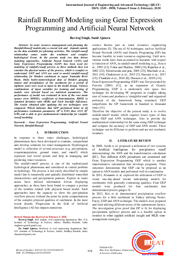 (PDF) Rainfall Runoff Modeling using Gene Expression Programming and Artificial Neural Network