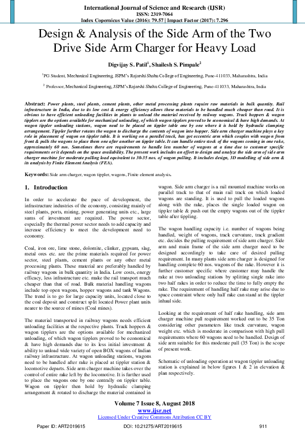 Design & Analysis of the Side Arm of the Two Drive Side Arm Charger for ...