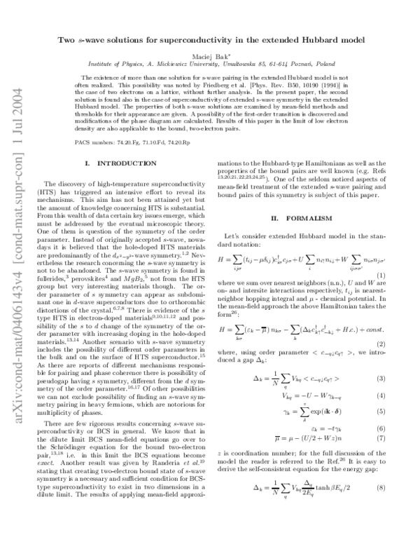 (PDF) Two s-wave solutions for superconductivity in the extended ...