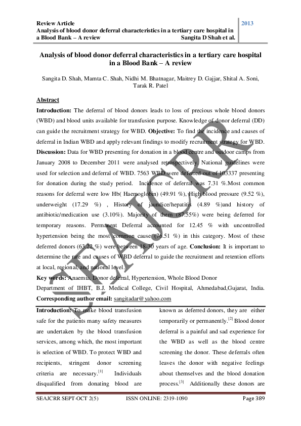 (PDF) Analysis of blood donor deferral characteristics in a tertiary ...