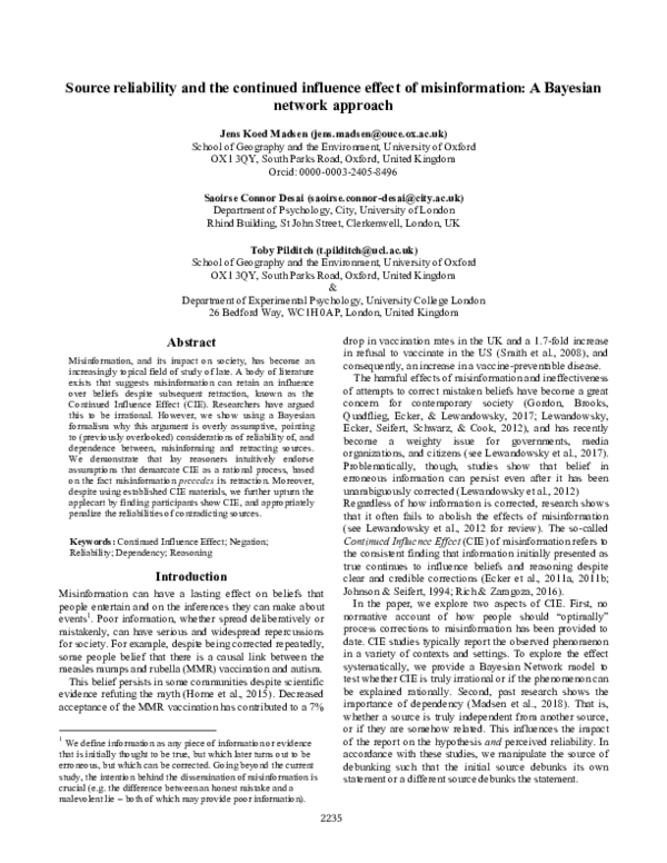 Pdf Source Reliability And The Continued Influence Effect Of Misinformation A Bayesian