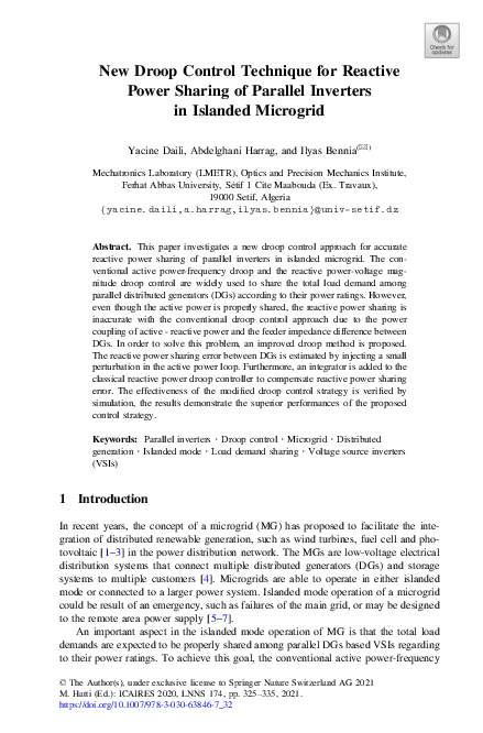 Pdf New Droop Control Technique For Reactive Power Sharing Of Parallel Inverters In Islanded