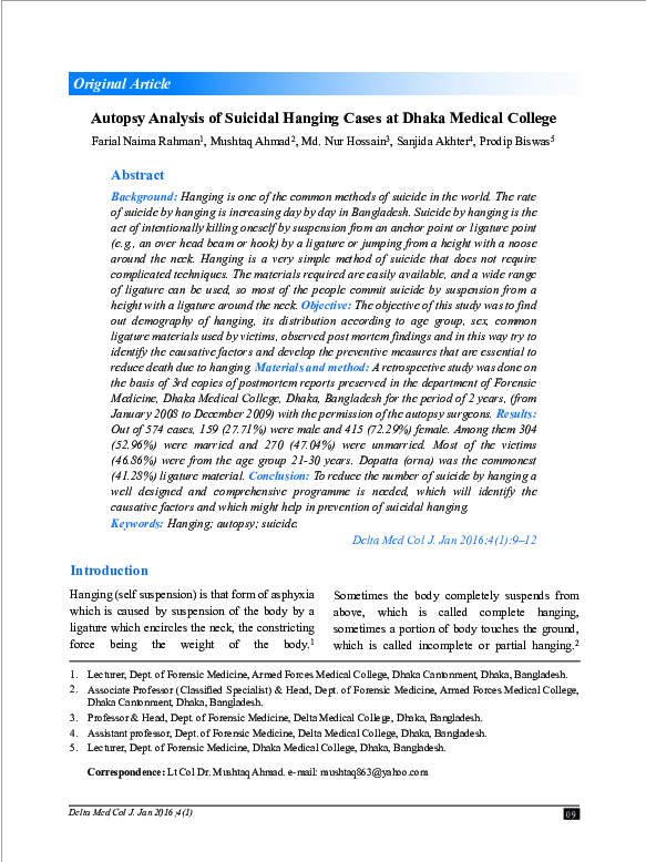 (PDF) Autopsy Analysis of Suicidal Hanging Cases at Dhaka Medical College