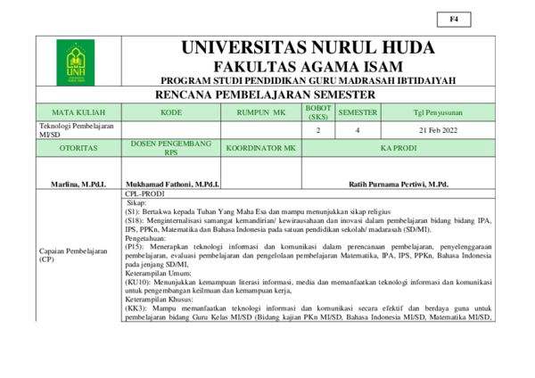 (PDF) RPS Mata Kuliah Teknologi Pembelajaran MI/SD