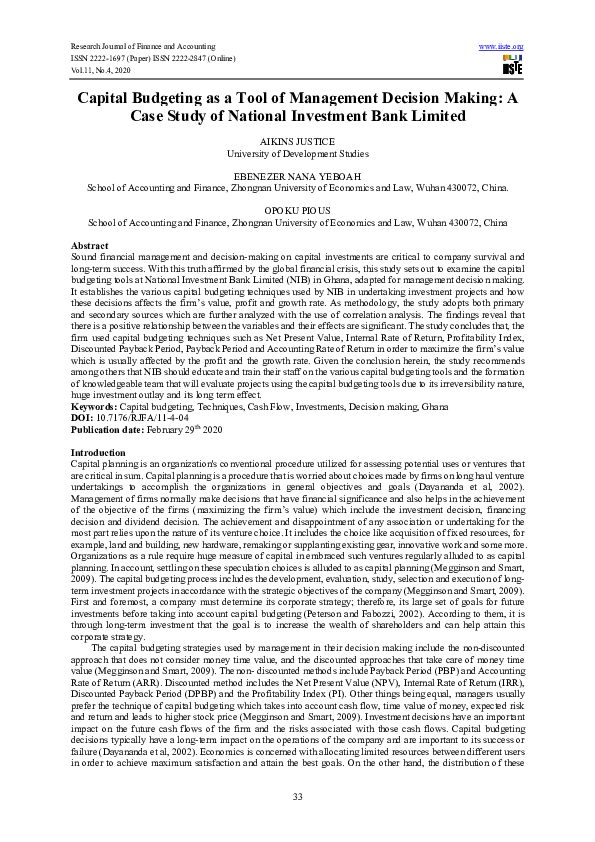 (PDF) Capital Budgeting as a Tool of Management Decision Making: A Case ...