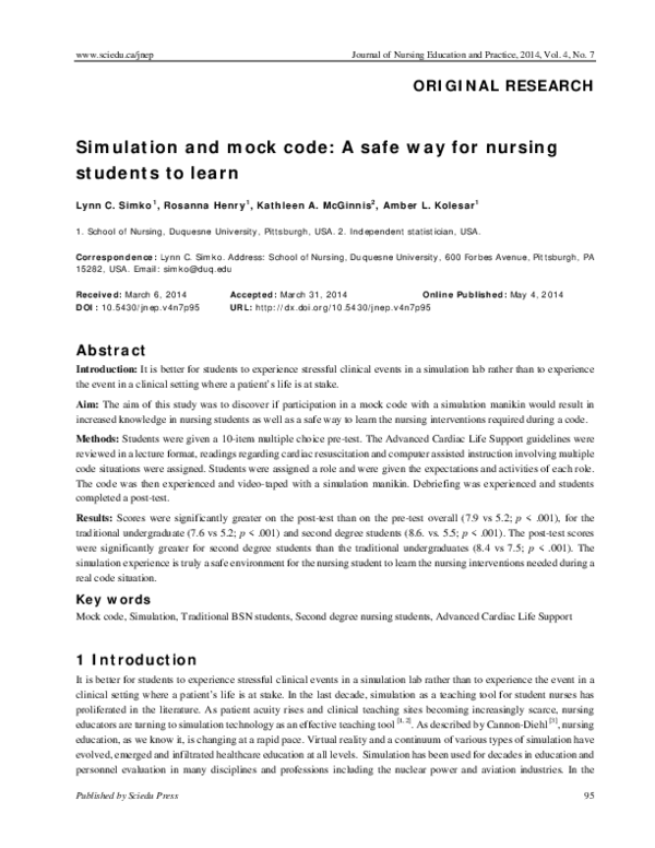 (PDF) Simulation and mock code: A safe way for nursing students to learn