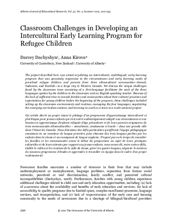 (PDF) Classroom Challenges in Developing an Intercultural Early Learning Program for Refugee ...