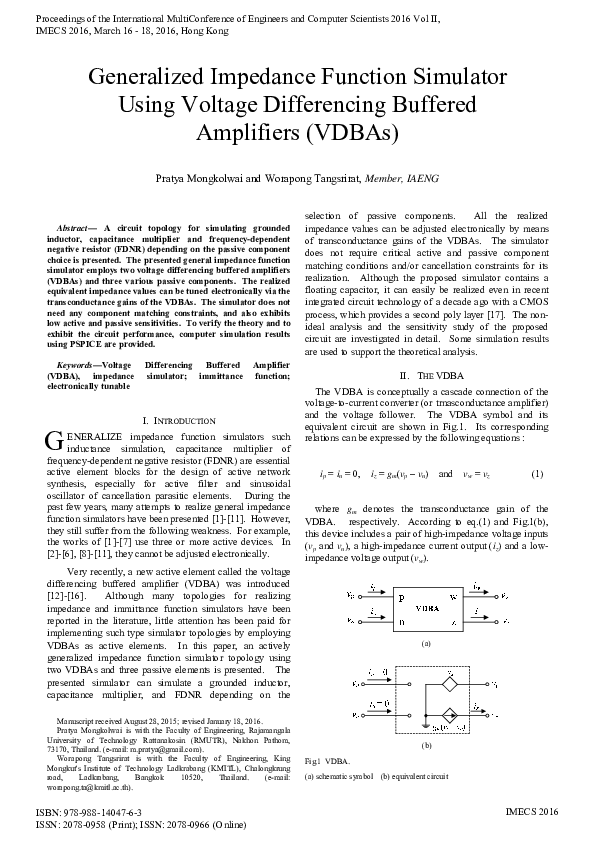 Pdf Generalized Impedance Function Simulator Using Voltage Differencing Buffered Amplifiers