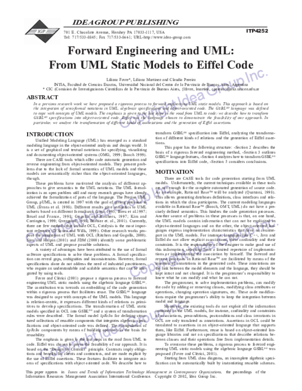 Pdf Forward Engineering And Uml From Uml Static Models To Eiffel Code