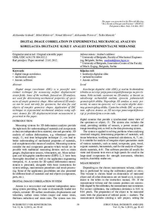 (PDF) Digital Image Correlation in Experimental Mechanical Analysis