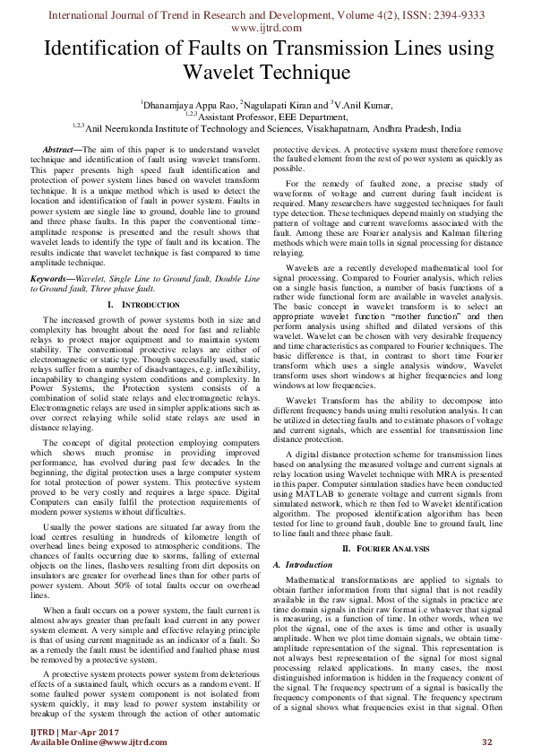 (PDF) Identification of Faults on Transmission Lines using Wavelet Technique
