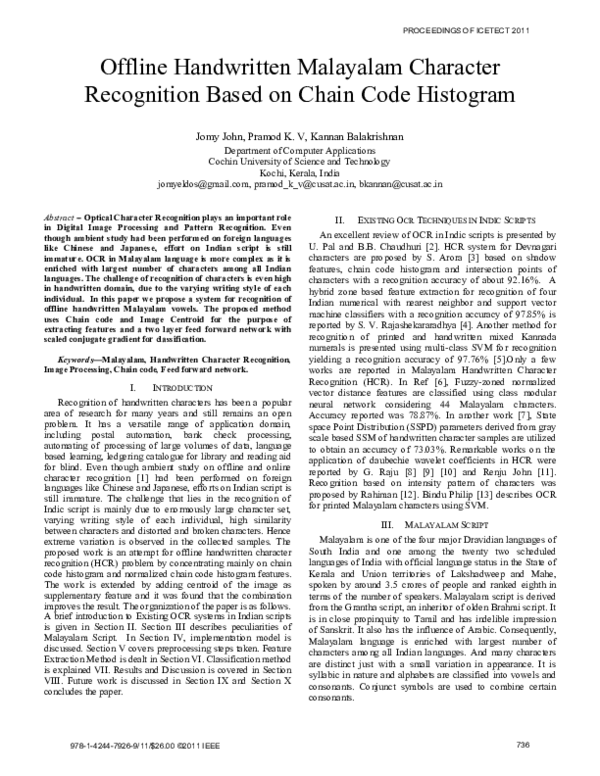 (PDF) Offline handwritten Malayalam Character Recognition based on chain code histogram