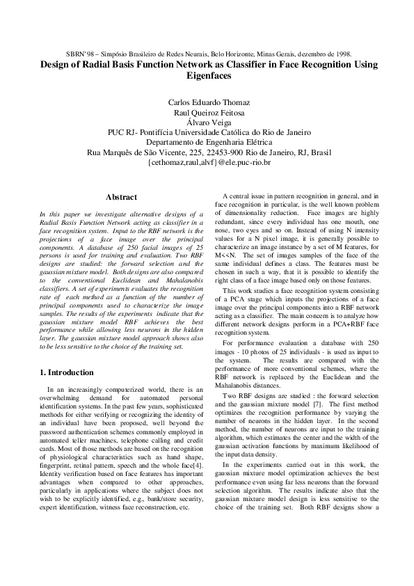 (PDF) Design Of Radial Basis Function Network as Classifer in Face Recognition Using Eigenfaces